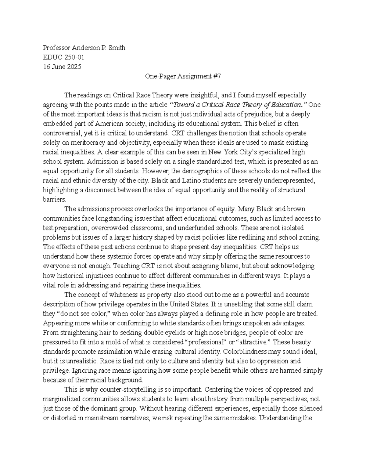 EDUC 250 Critical Race Theory Insights - Assignment June 2025 - Studocu