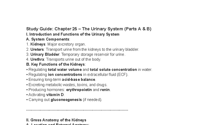Study Guide: Chapter 25 & 26 - The Urinary System & Fluid Balance - Studocu
