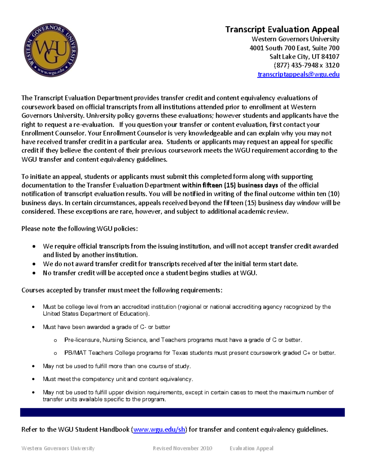Transcript Evaluation Appeal - WGU Process and Guidelines - Studocu