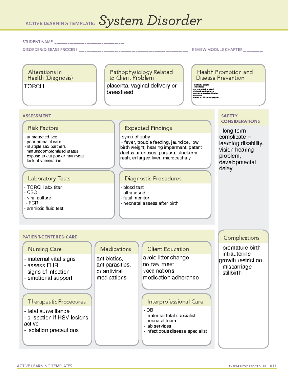 ACTIVE LEARNING TEMPLATE: TORCH Pathophysiology & Client Care - Studocu