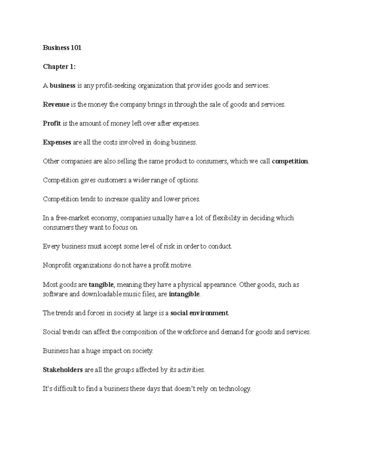 Business 101: Key Concepts and Insights from Chapter 1 Notes - Studocu