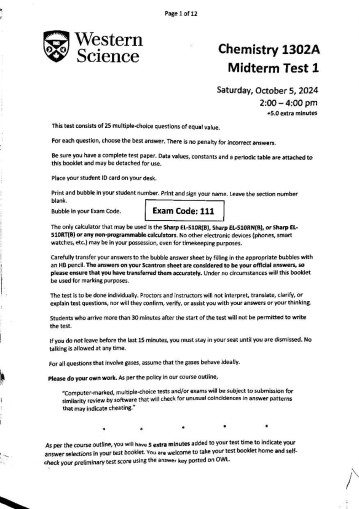 Chemistry 1302A Midterm Test 1 Guidelines and Sample Questions - Studocu