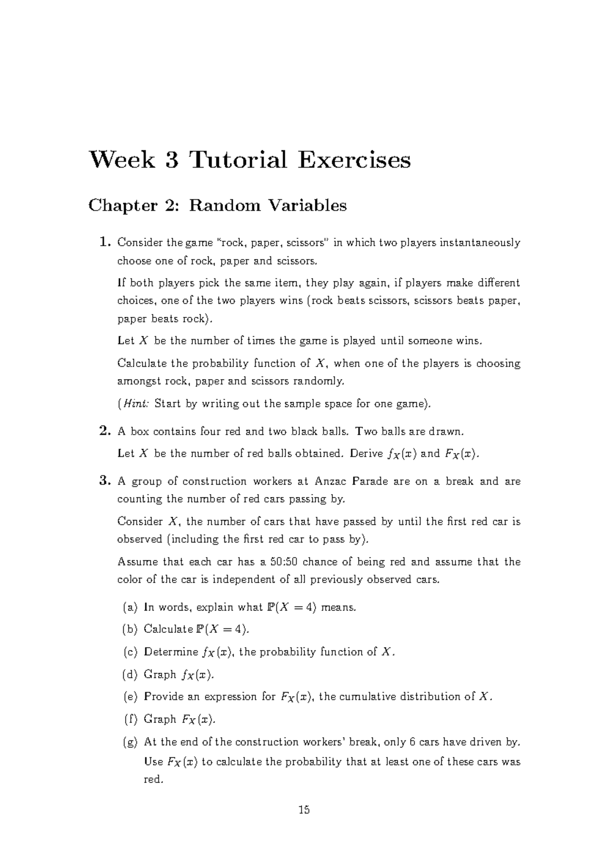 Week 3 Tutorial Exercises: Random Variables and Probability Functions ...