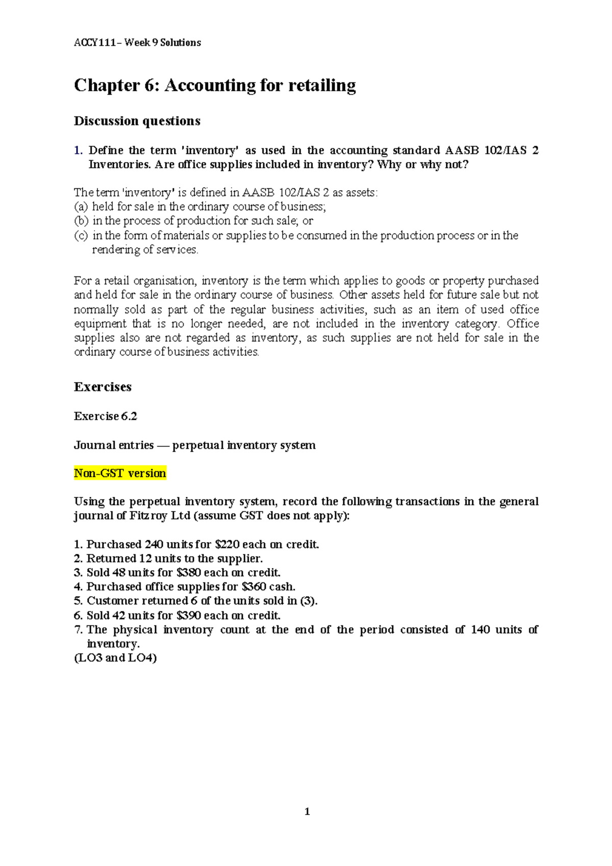 ACCY111 – Week 9 Tutorial Solutions and Exercises - Studocu