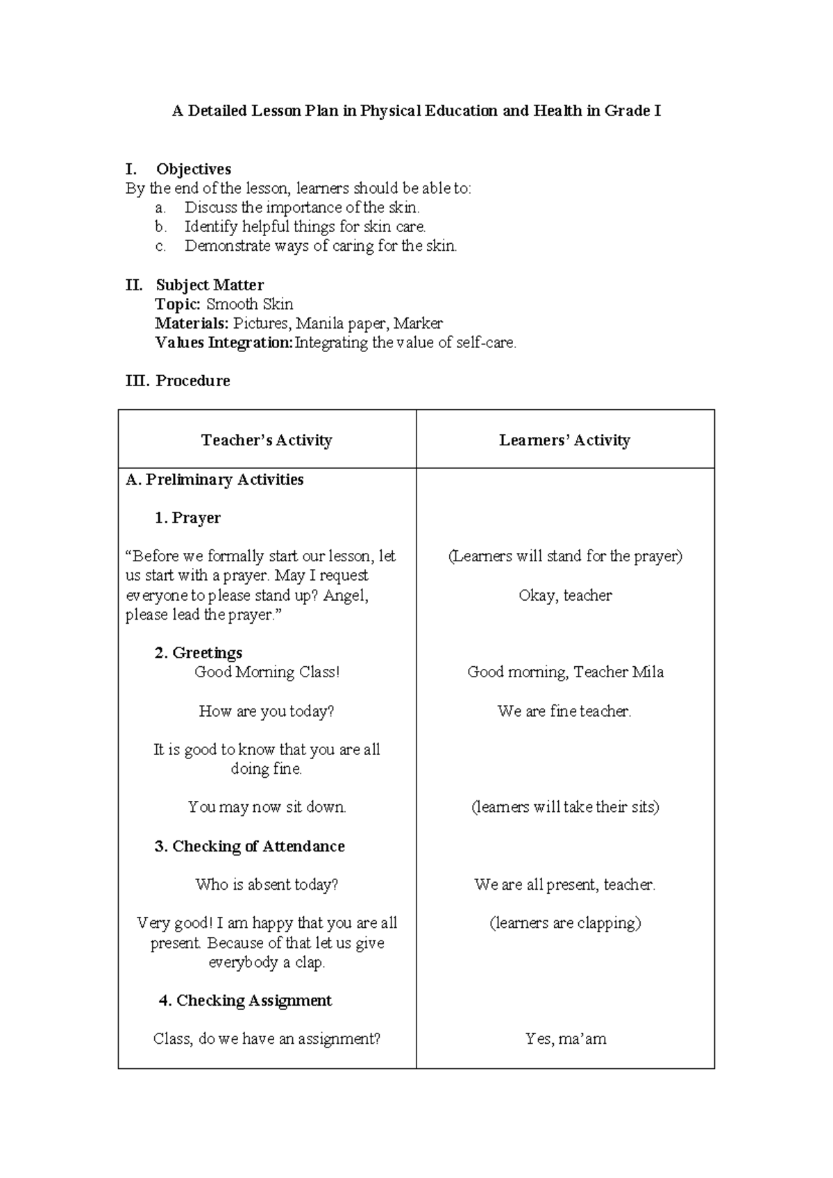 DLP PEH 1 - Detailed Lesson Plan on Skin Care for Grade I - Studocu
