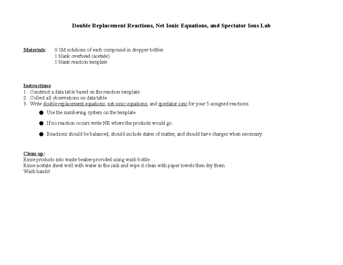 Double Replacement Reactions Lab: Net Ionic Equations & Observations ...