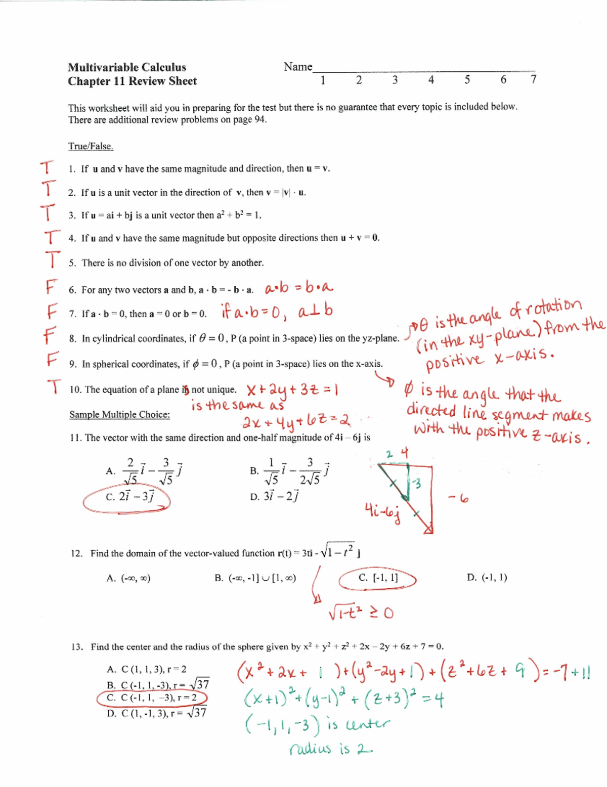 Unit 1 Review Key 2020-21 - Multivariable Calculus Name Chapter 11 ...