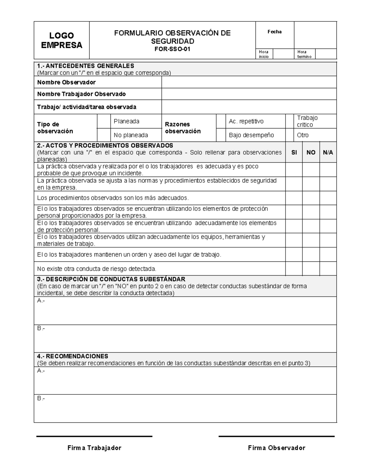 Formato de Observación de Seguridad - LOGO EMPRESA - Studocu