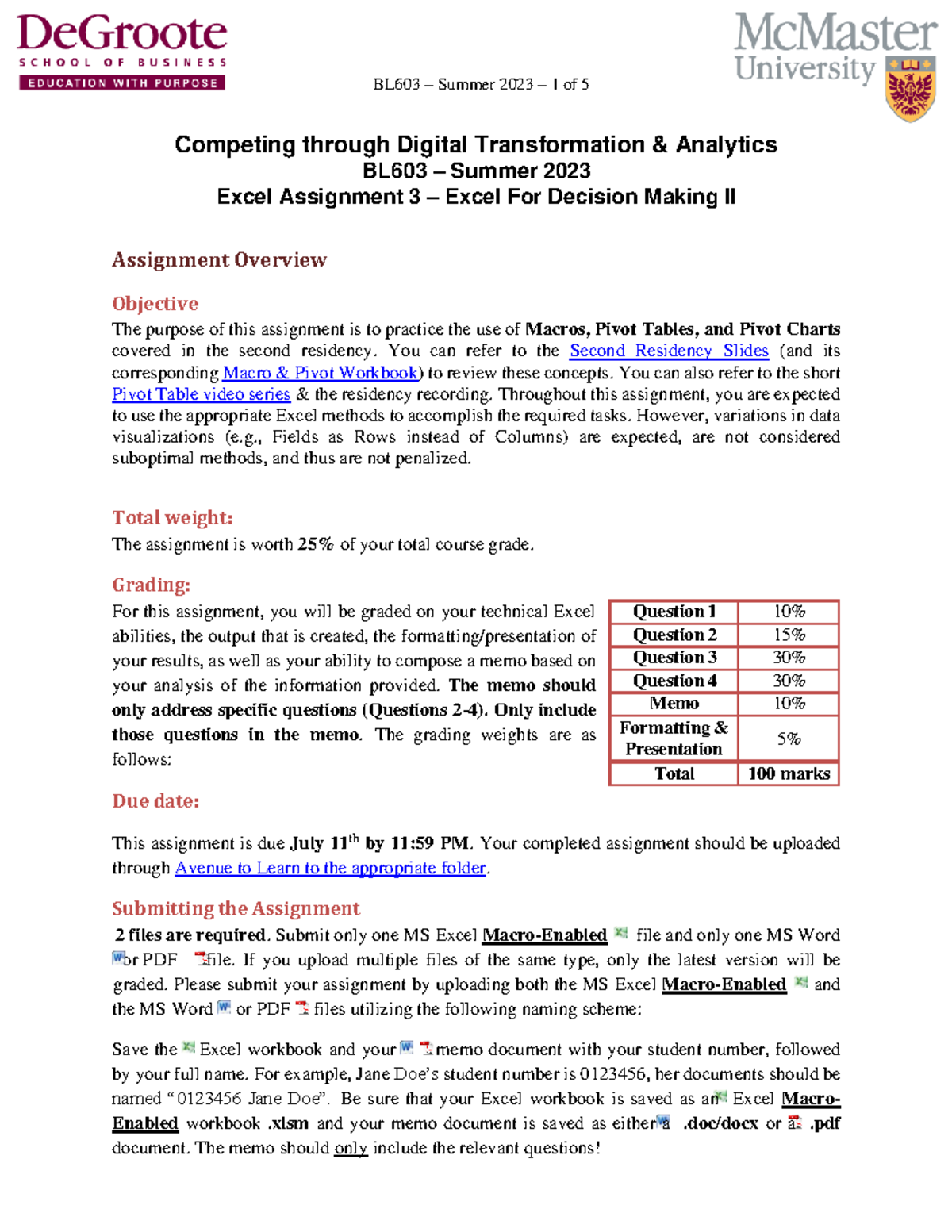 BL603 Excel Assignment 3: Macros & Pivot Tables Overview - Studocu