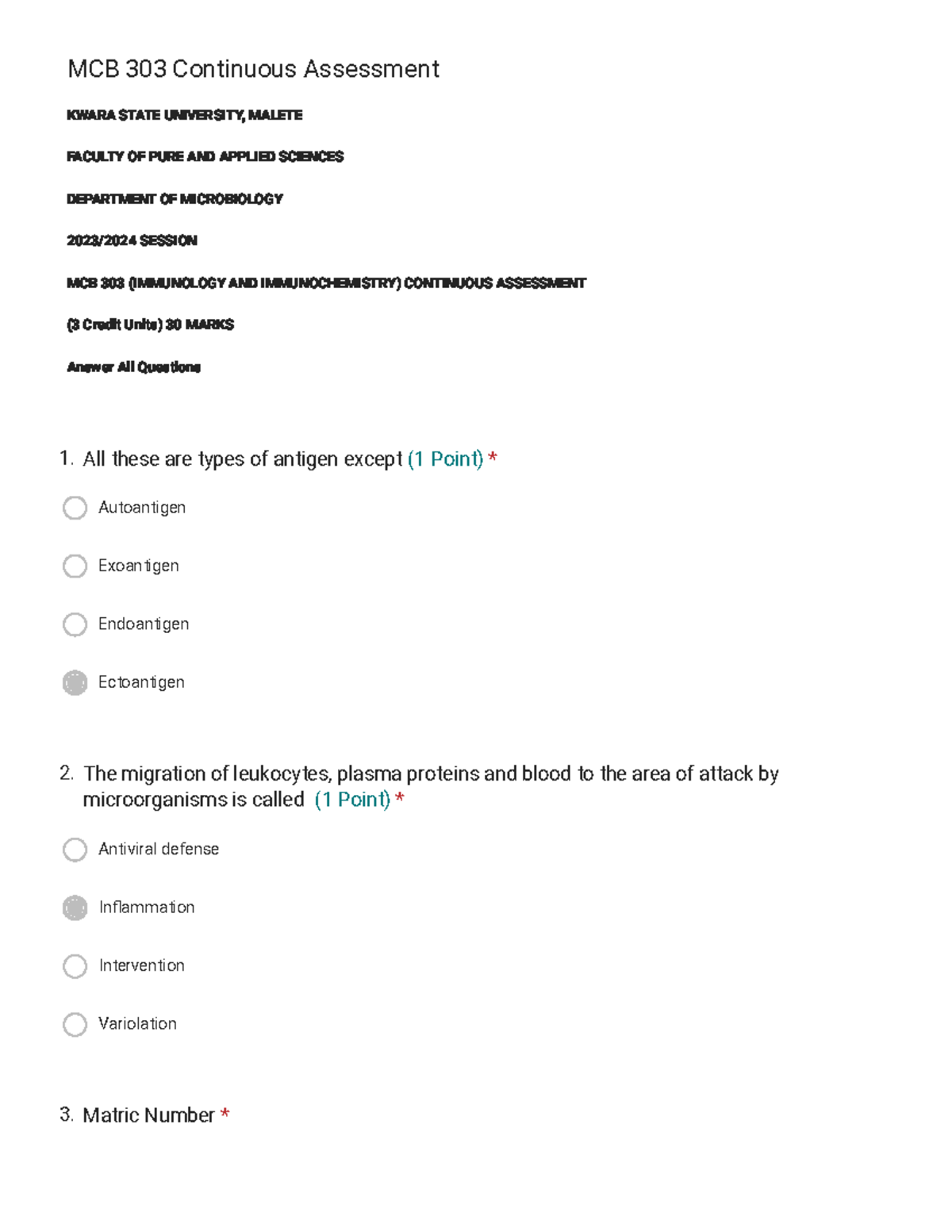 MCB 303 Continuous Assessment: Immunology & Immunochemistry Quiz - Studocu