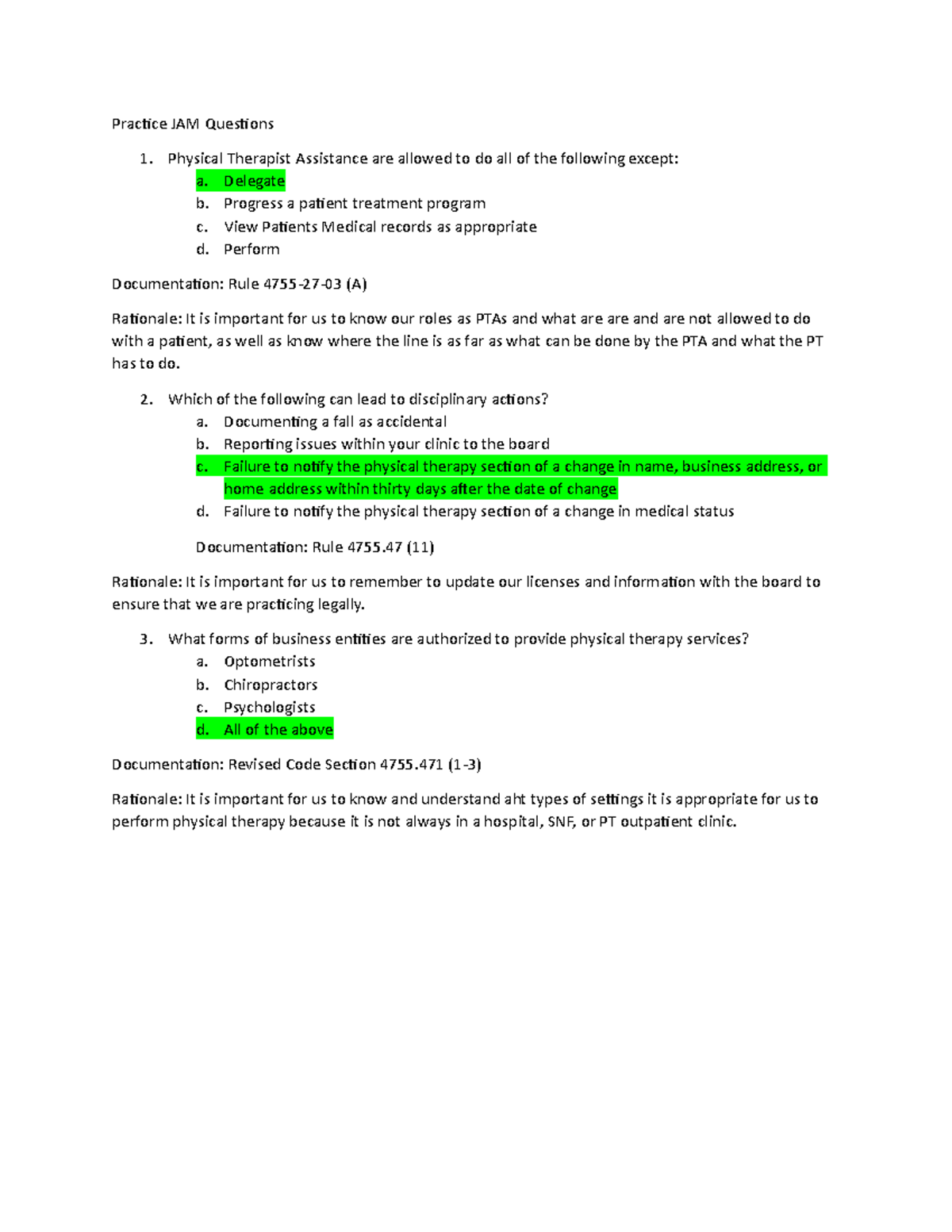 Practice JAM Questions - Practice JAM Questions Physical Therapist ...