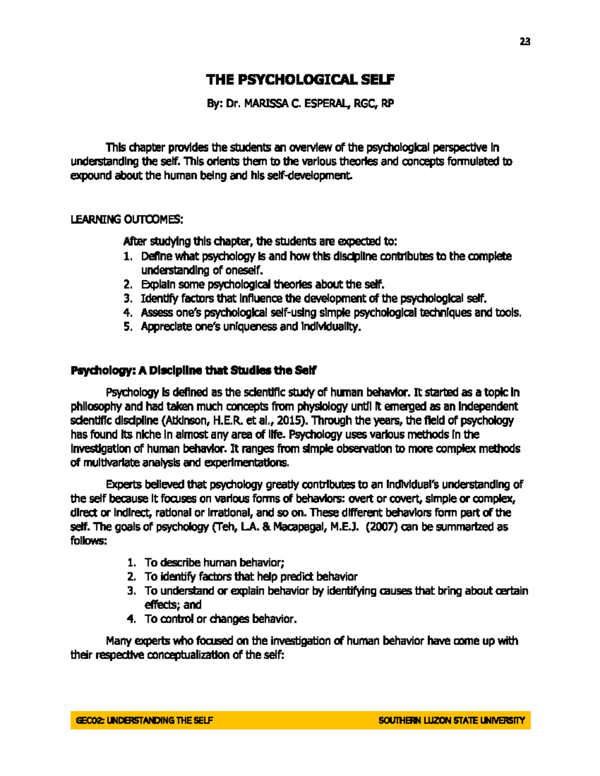 Chapter 3- Psychological Self - Understanding the Self - Studocu
