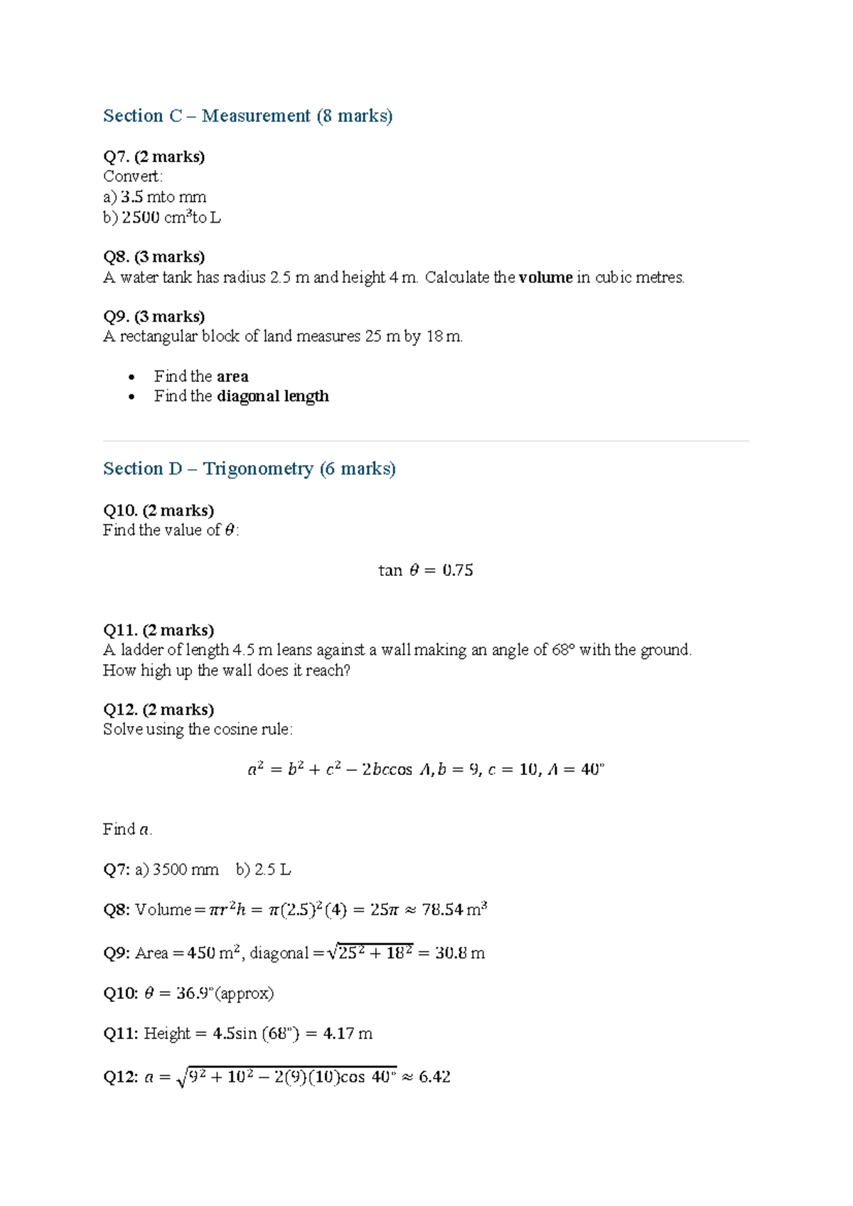Maths Practice: Measurement & Trigonometry (8 Marks) - Studocu