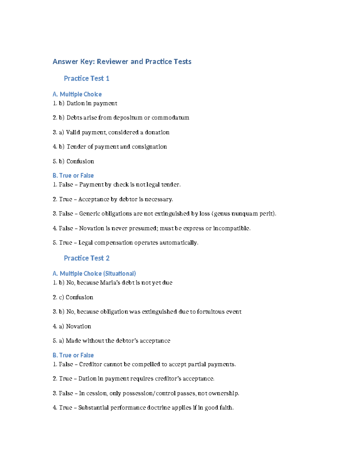 Answer Key: Practice Tests on Obligations (Course Code) - Studocu
