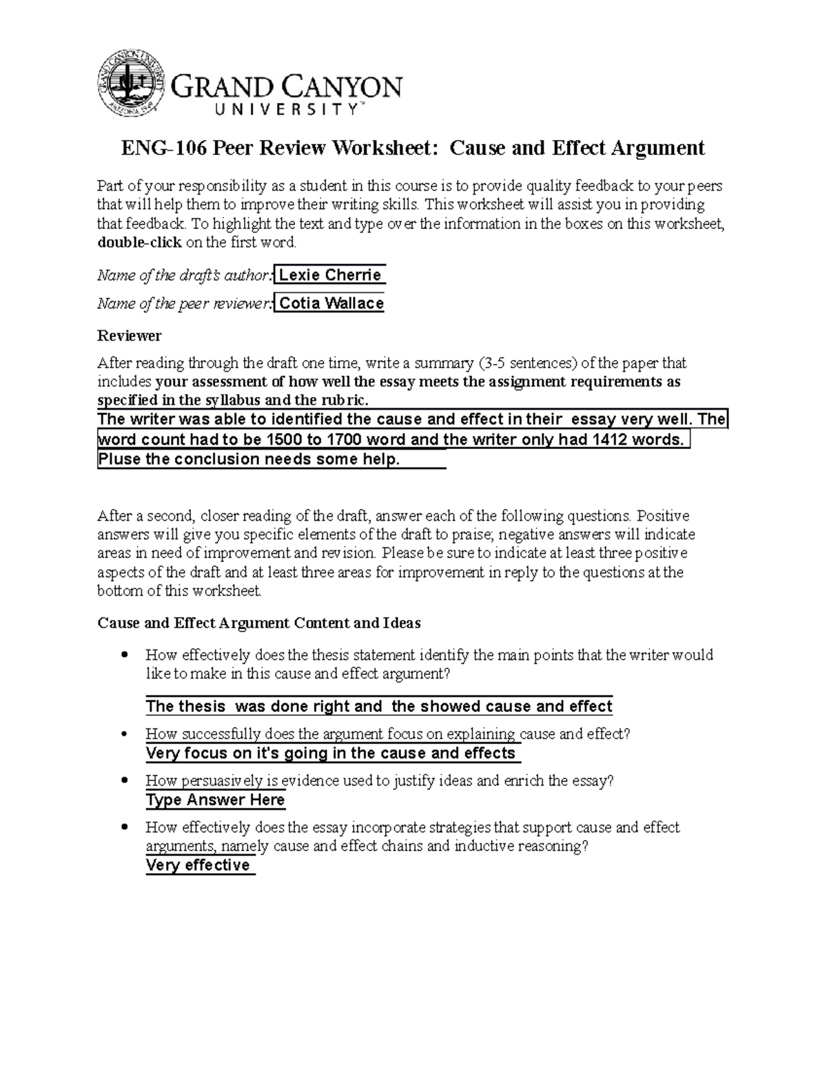 ENG106 Cause and Effect Argument Peer Review Worksheet Guide - Studocu