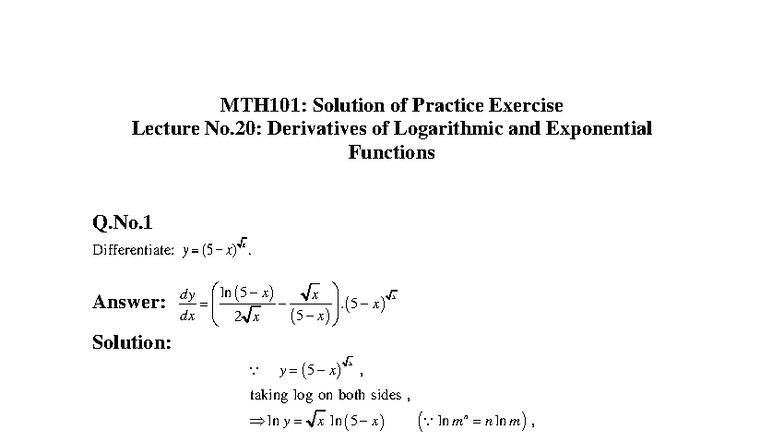 MTH101: Lecture No.20 Practice Exercise Solutions on Derivatives - Studocu
