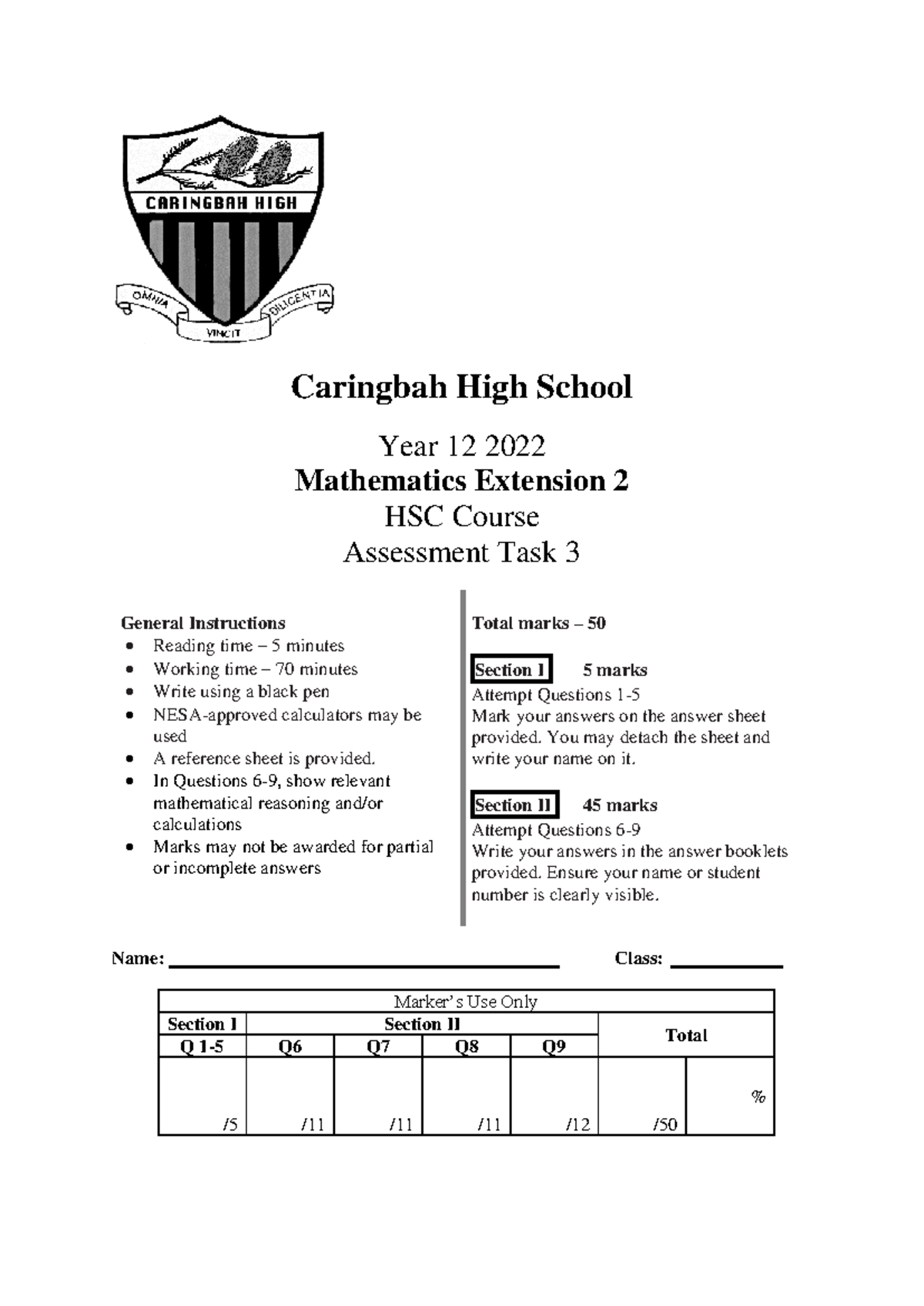2022 Year 12 Mathematics Extension 2 HSC AT3 Exam Instructions - Studocu