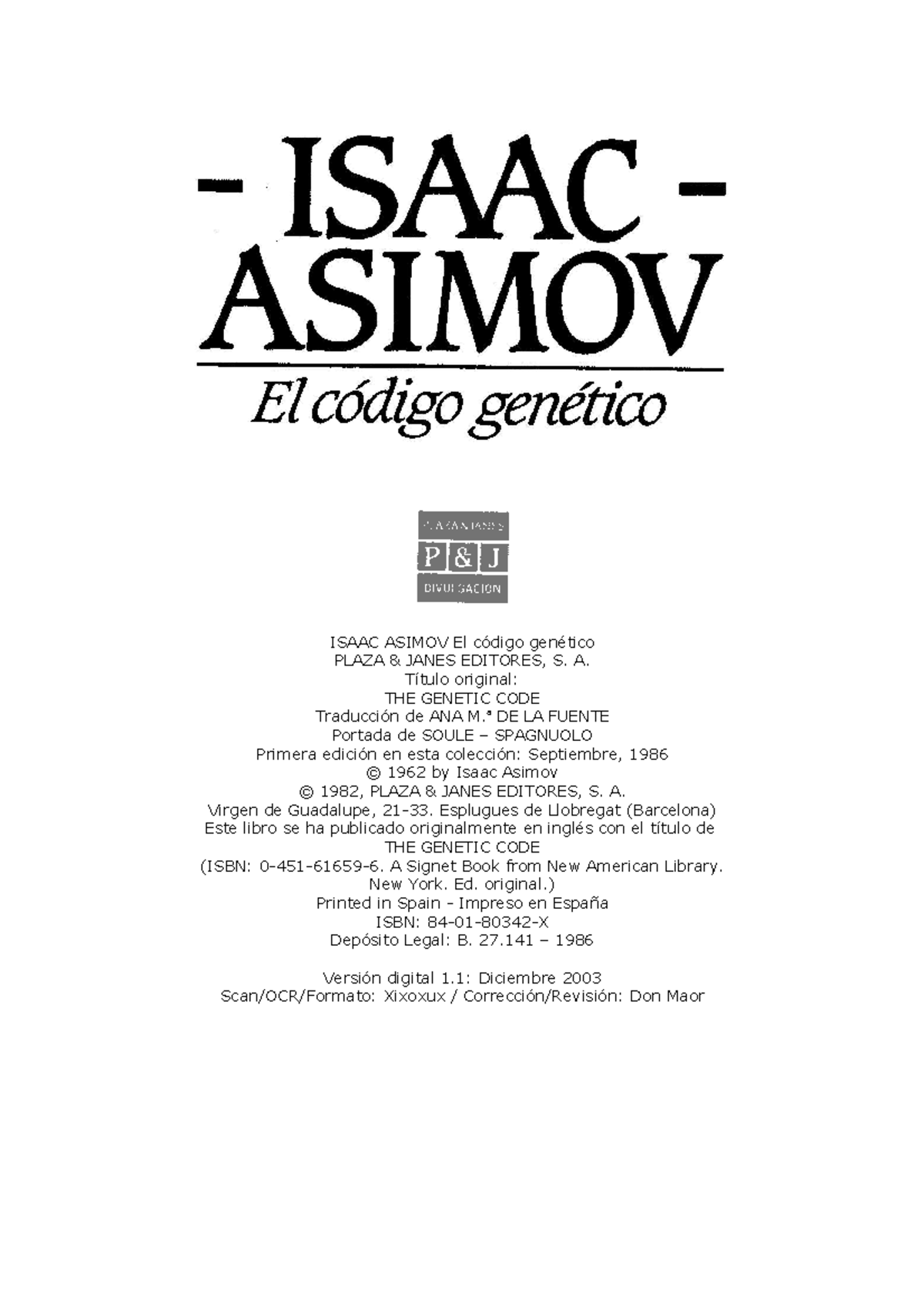Isaac Asimov - El Codigo Genetico - PLAZA & JANES EDITORES, S. A ...