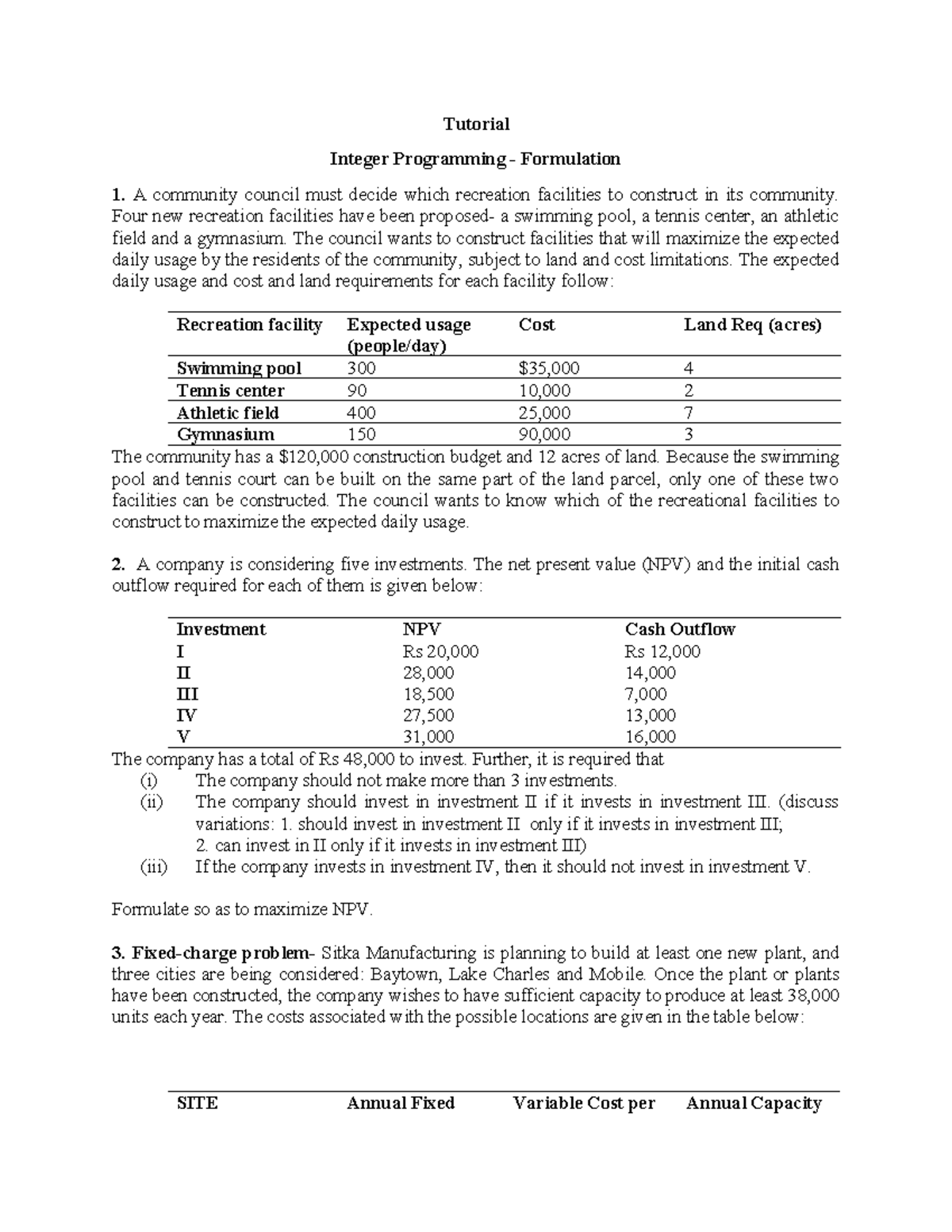 Quantitative Methods Tutorial: Integer Programming Formulation - Studocu