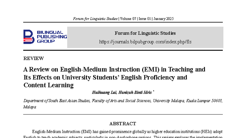 A Review of English Medium Instruction (EMI) Effects on University ...
