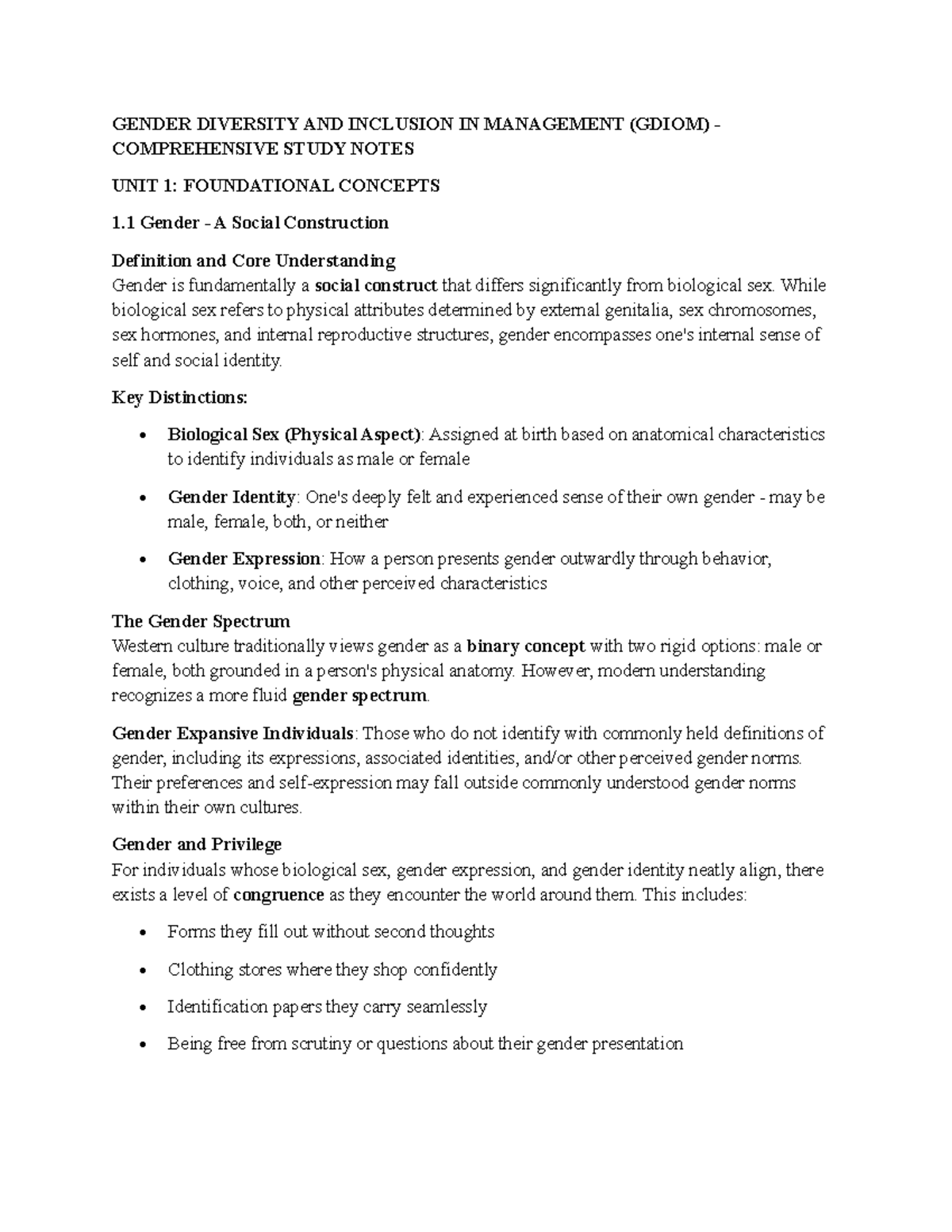 GDIOM Comprehensive Study Notes: Gender Diversity & Inclusion Concepts ...