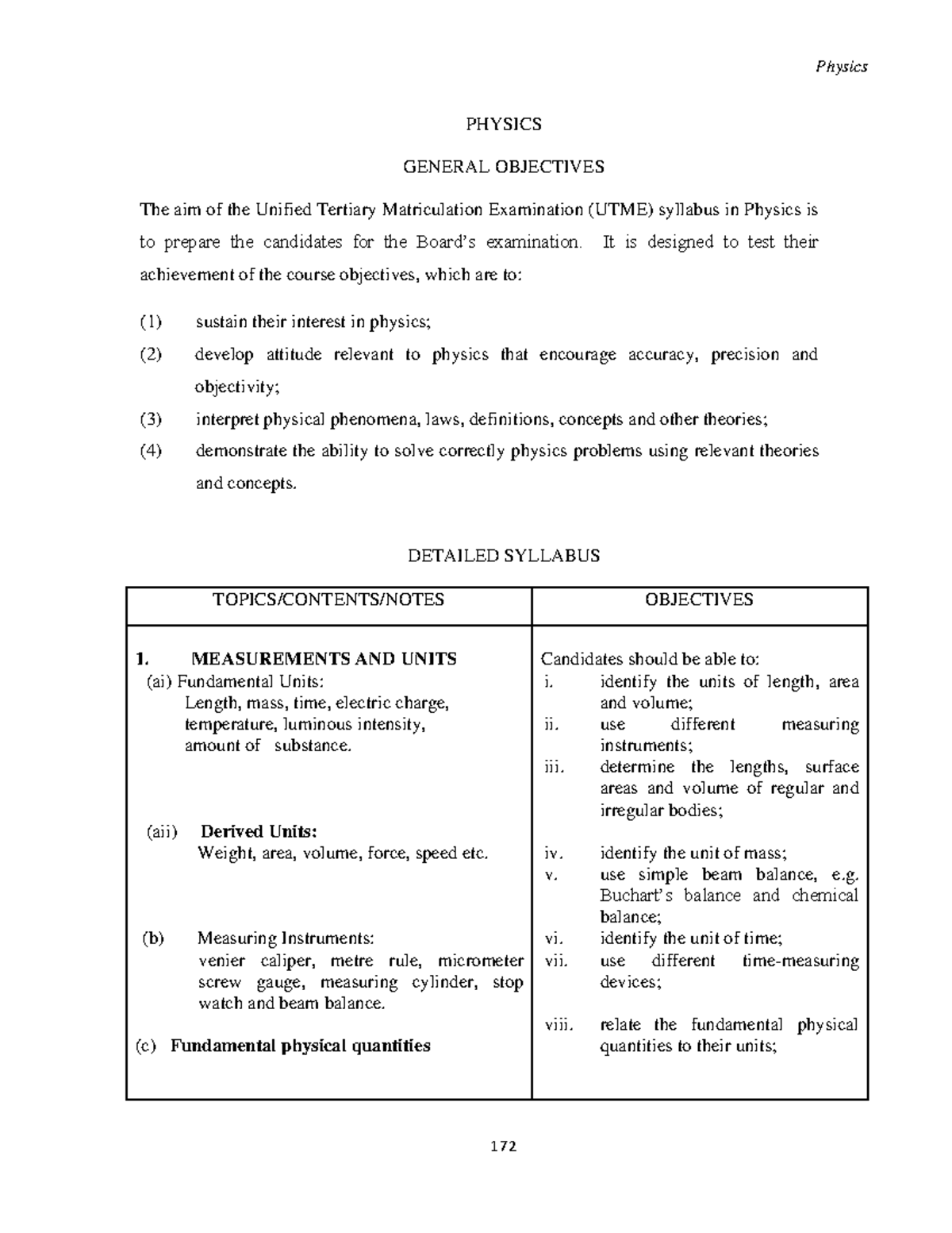 Physics PHYSICS GENERAL OBJECTIVES: UTME Syllabus Overview - Studocu