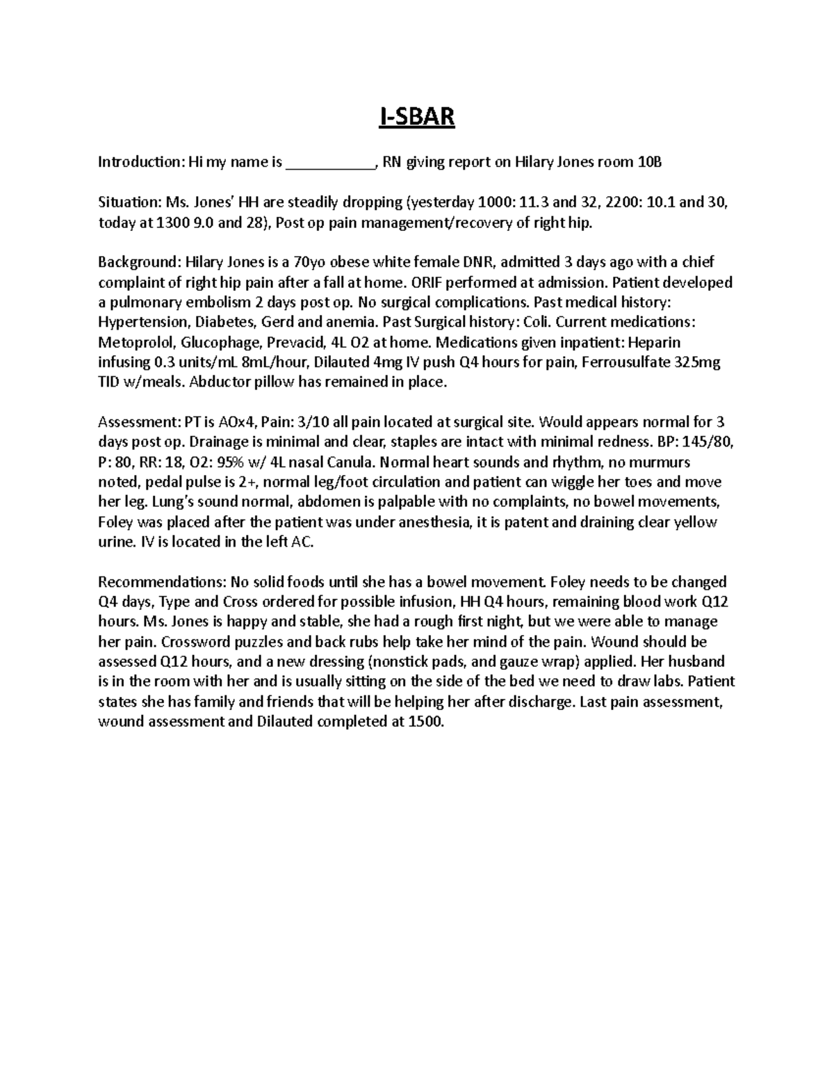 I-SBAR Assignment (Nursing) - Homework, Lecture Notes & Study Guide ...