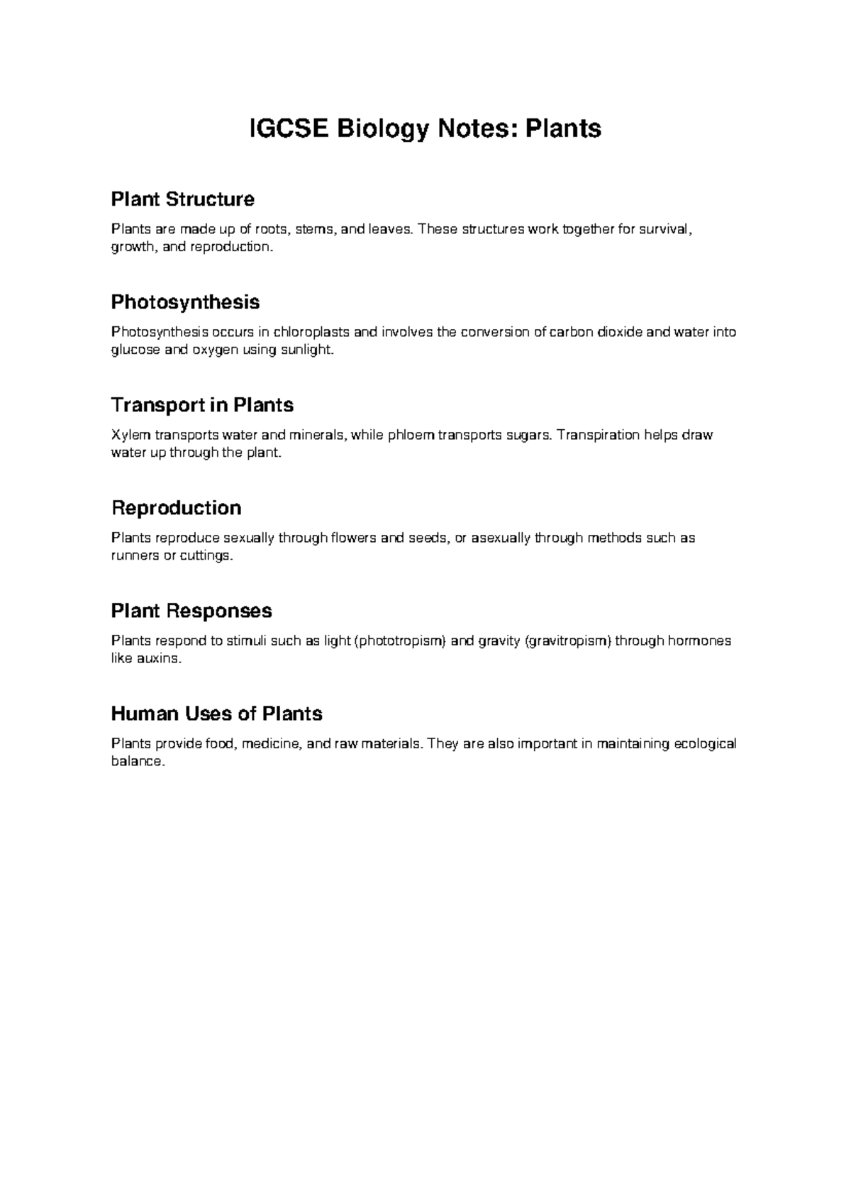 IGCSE Biology Notes: Plant Structure & Functions - Studocu