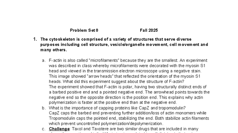 Problem Set 8 (BIO 101) - Cytoskeleton and Stem Cell Dynamics - Studocu