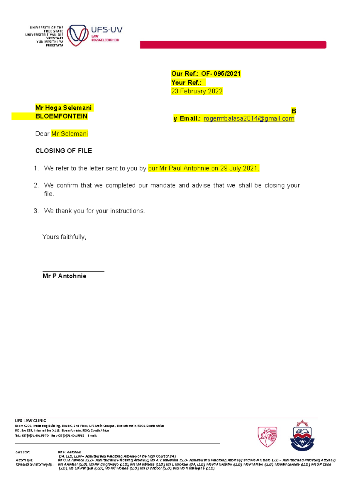 UFS LAW 101 - Closing Letter Sample Practical Notes - Studocu