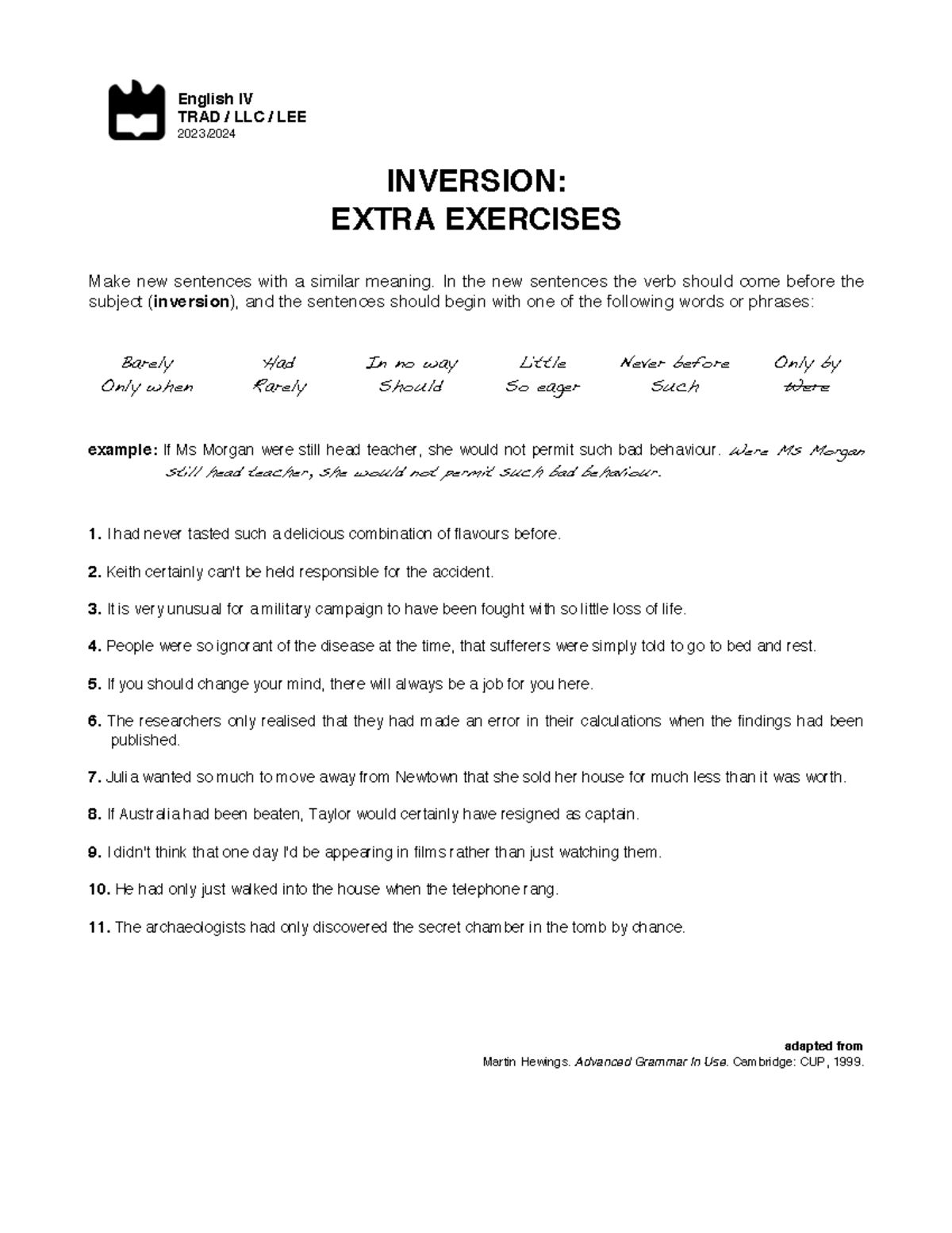 Advanced Inversion Extra Exercises for English IV TRAD/LLC/LEE - Studocu