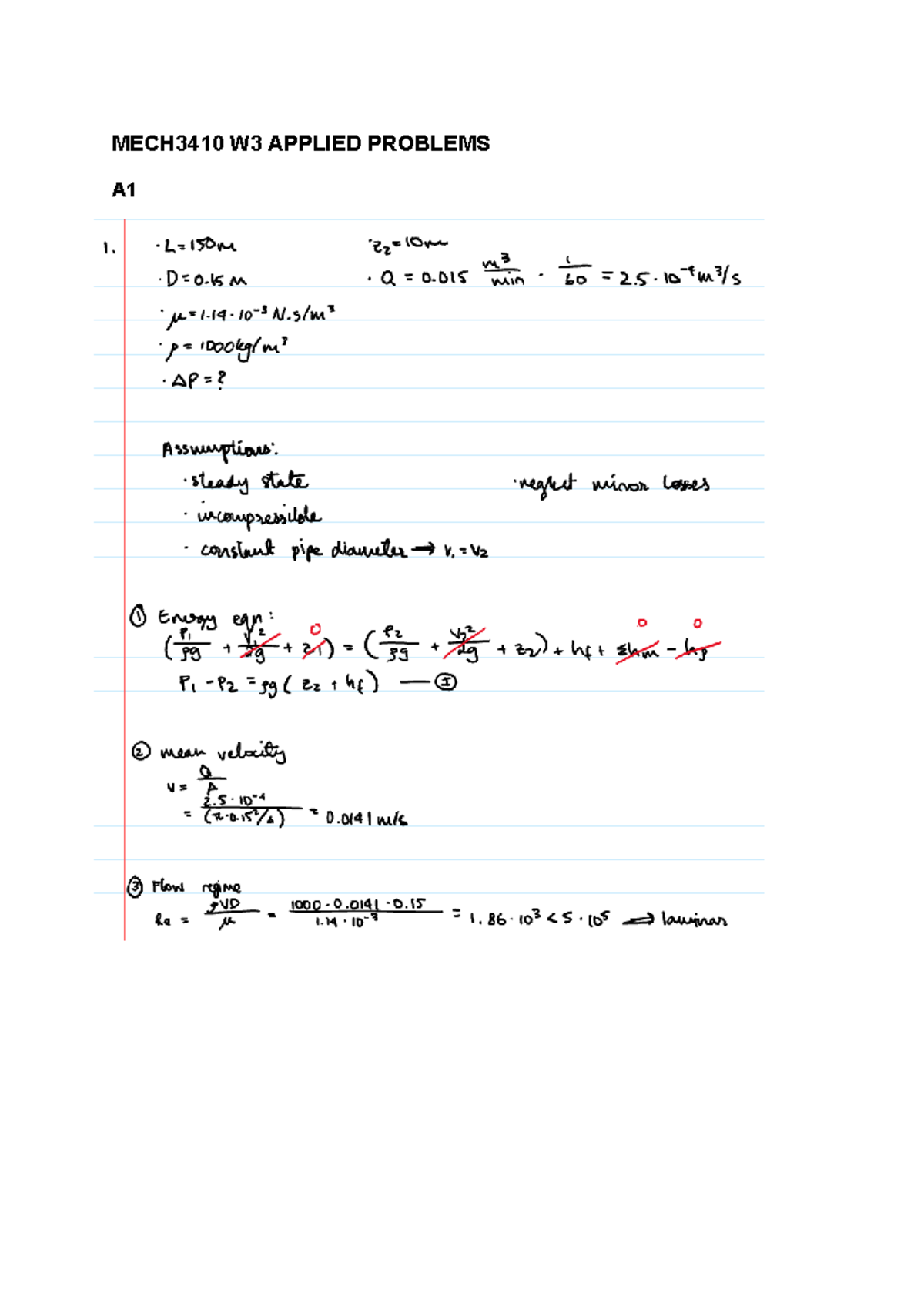 MECH3410 W3 Applied Problems: Fluid Dynamics Analysis - Studocu