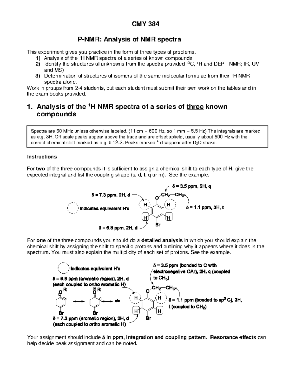 CMY 384 NMR Spectra Analysis Tutorial and Practice Problems - Studocu
