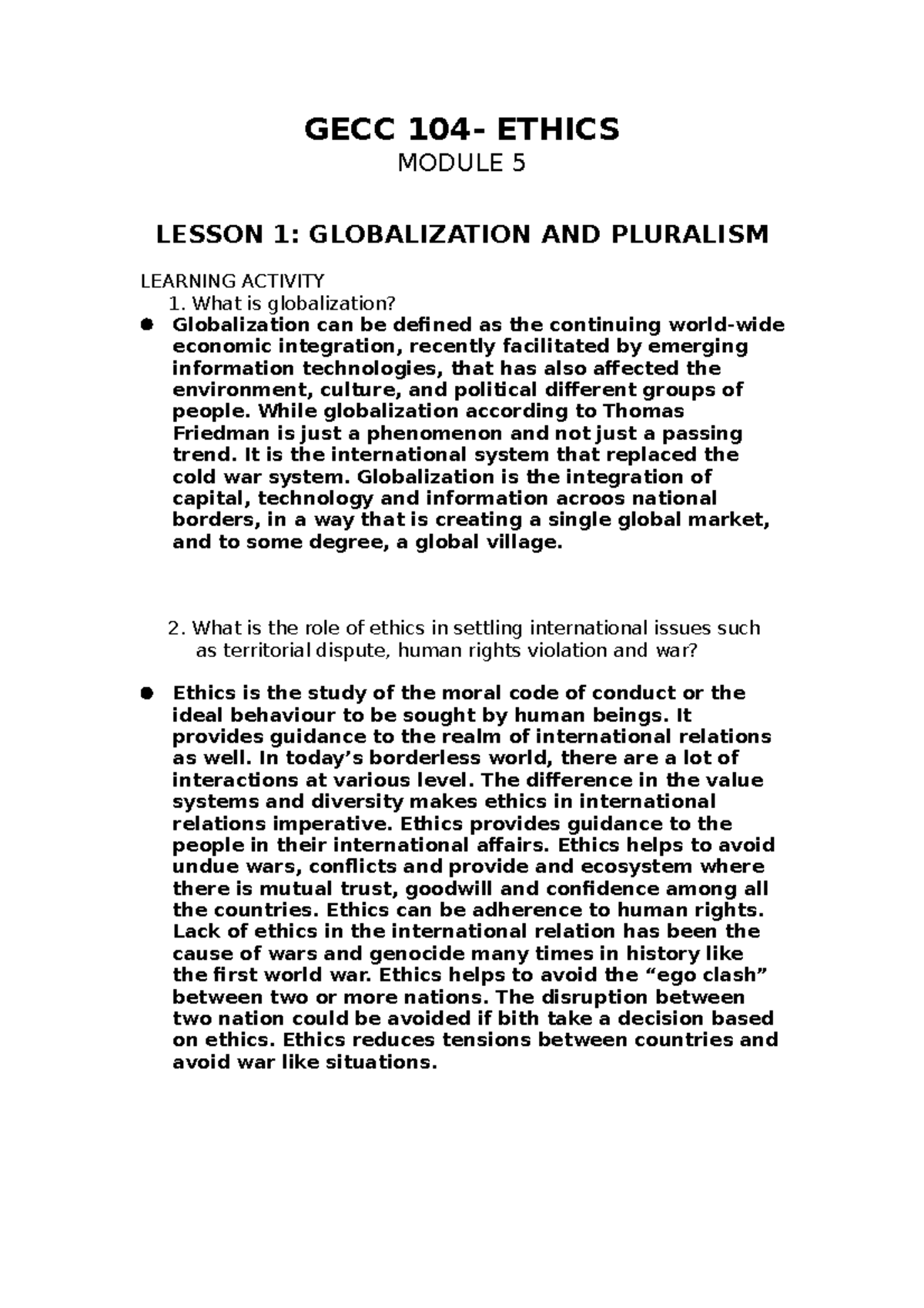 GECC 104: Module 5 - Globalization, Pluralism & Ethics Principles - Studocu