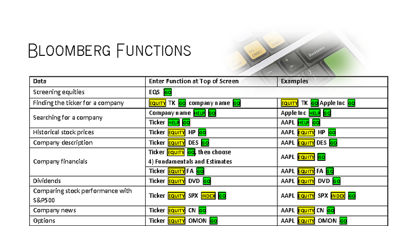 Bloomberg Functions Guide: Equity Screening & Analysis - Studocu