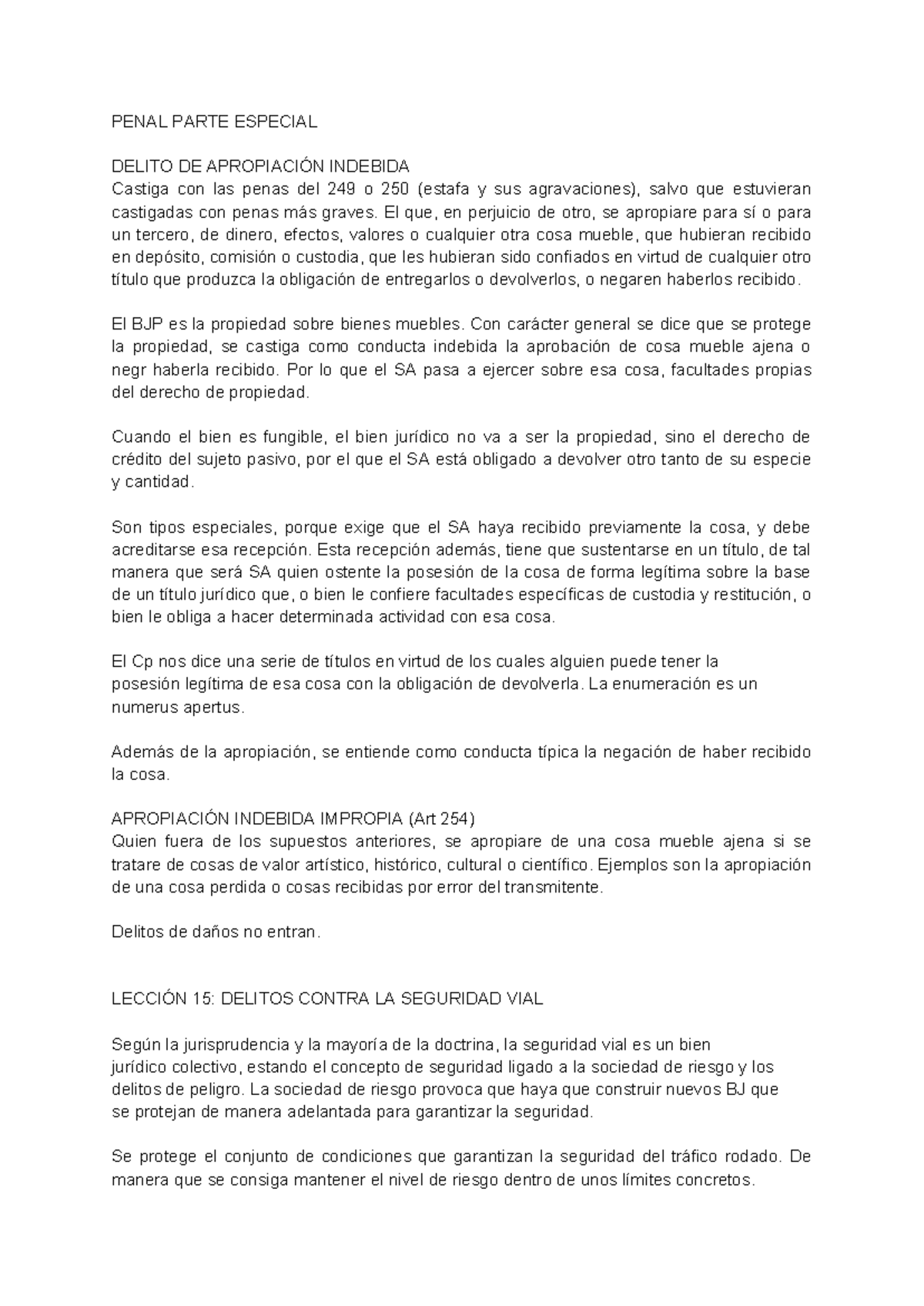 PENAL 15: APUNTES SOBRE APROPIACIÓN INDEBIDA Y SEGURIDAD VIAL - Studocu