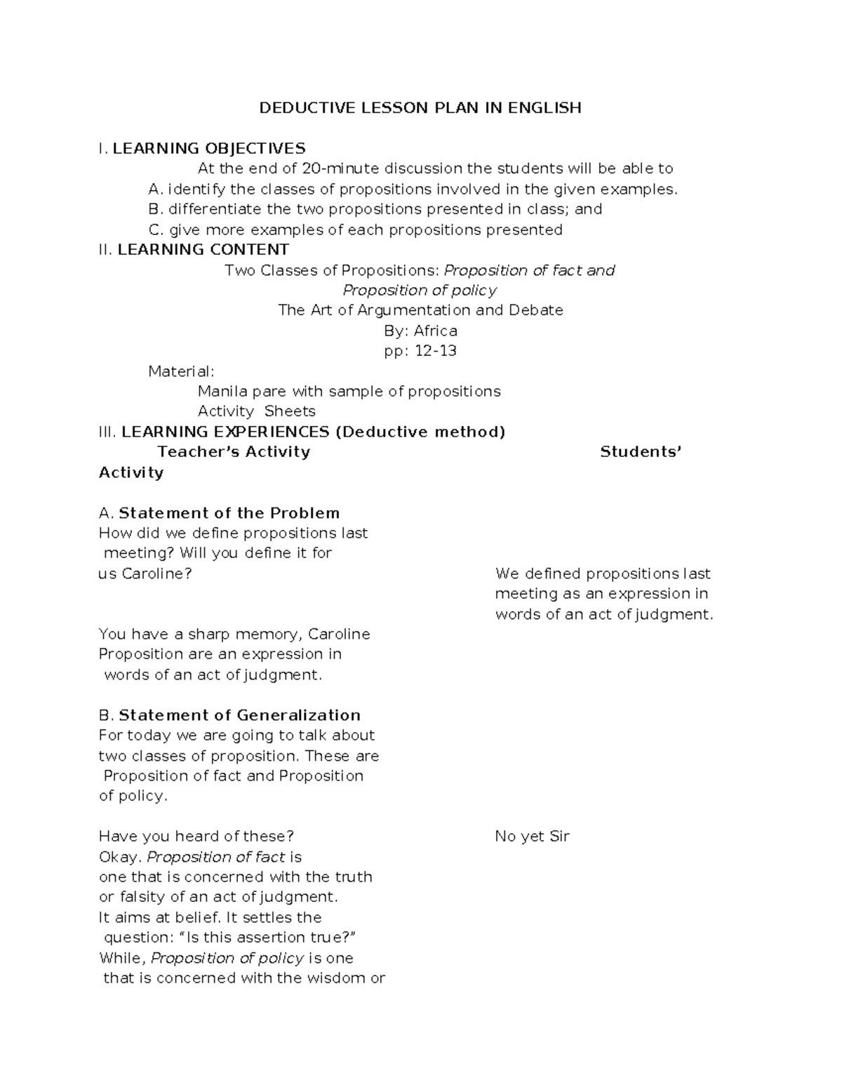 Deductive Lesson Plan: Understanding Propositions in English - Studocu