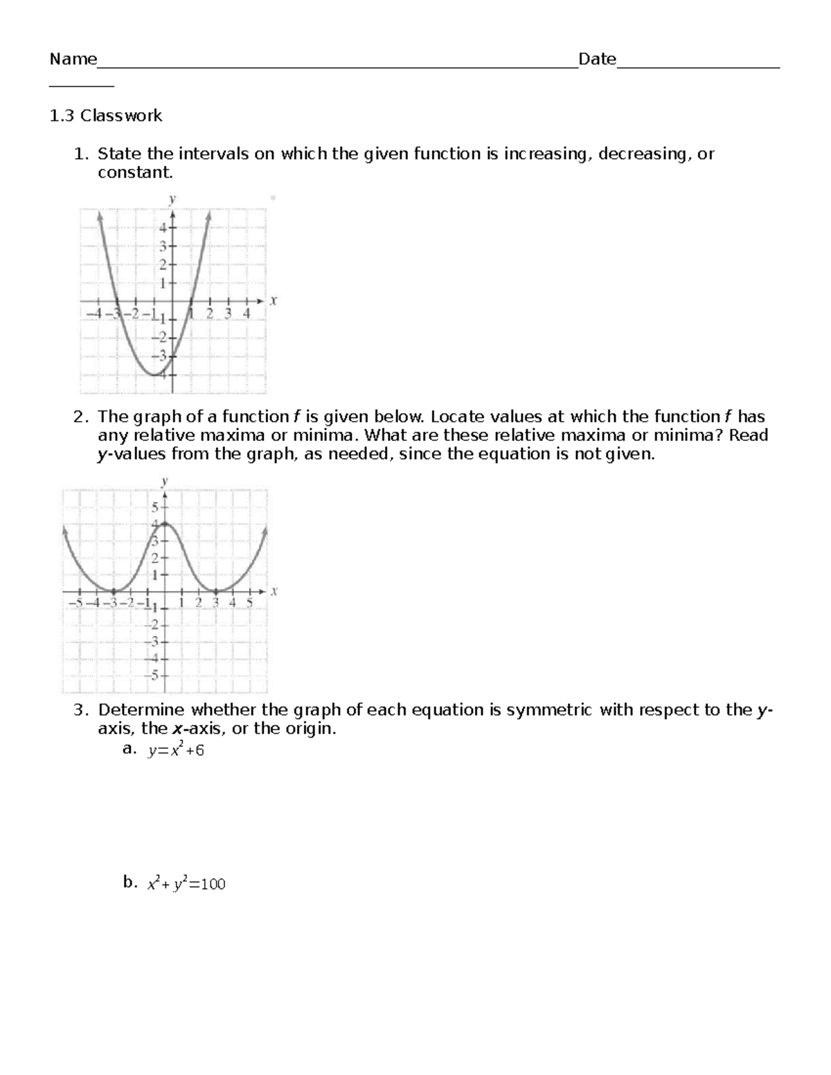 1.3 Classwork - Chapter 1: Function Behavior & Symmetry Analysis - Studocu