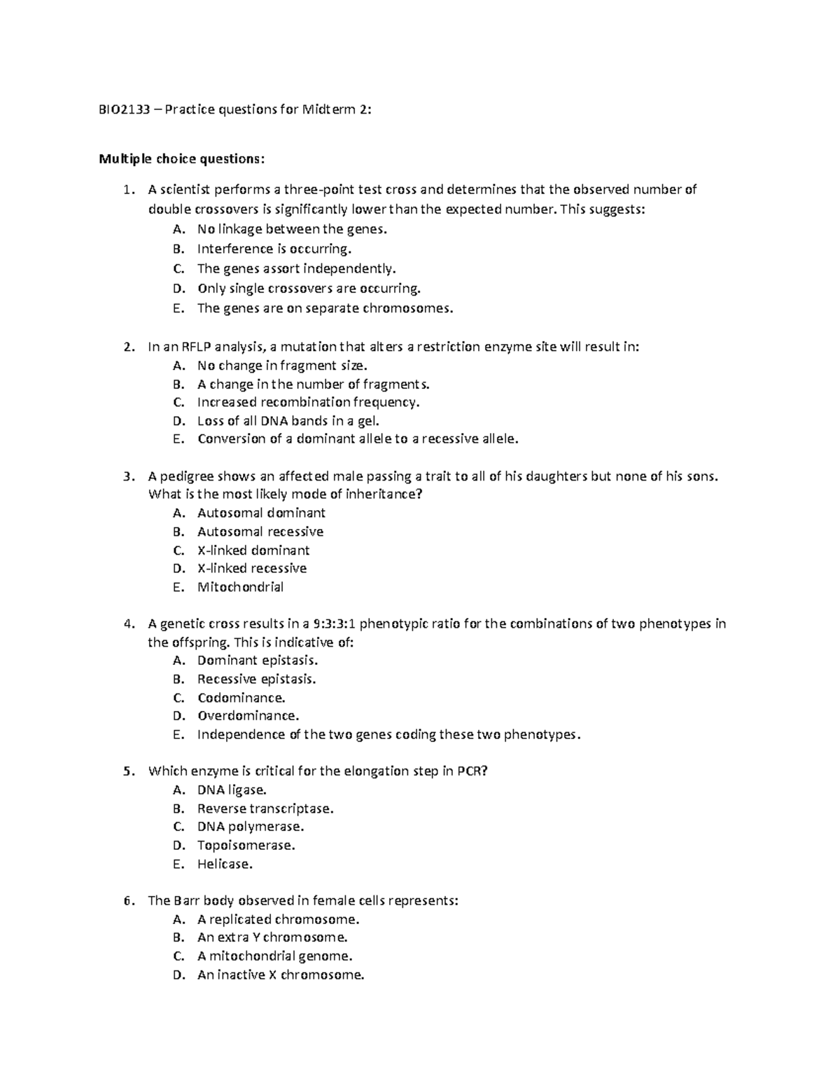 2133 Midterm 2 Practice Questions - BIO2133 – Practice questions for ...
