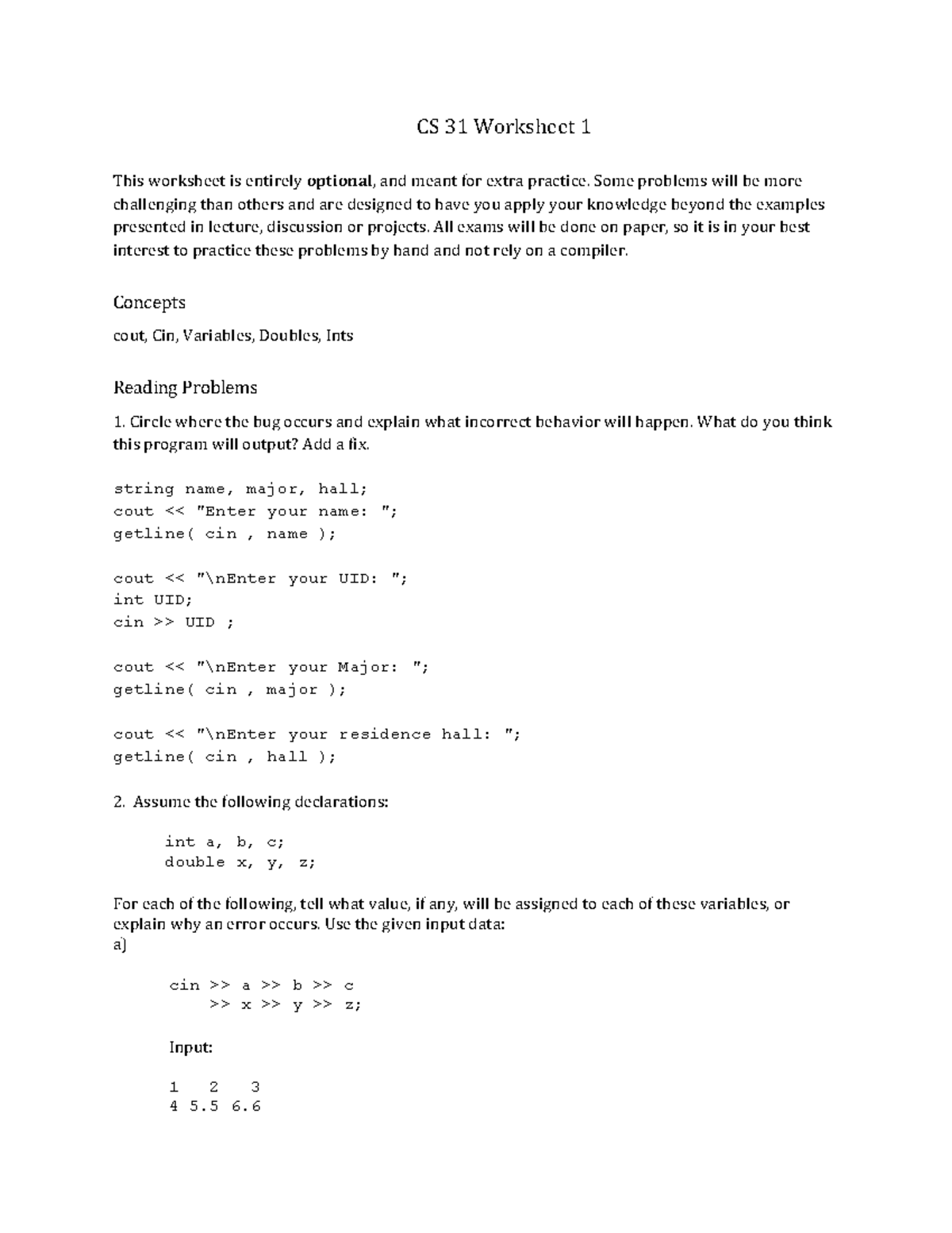 CS 31 optional worksheet 1 for extra practice and problem-solving - Studocu