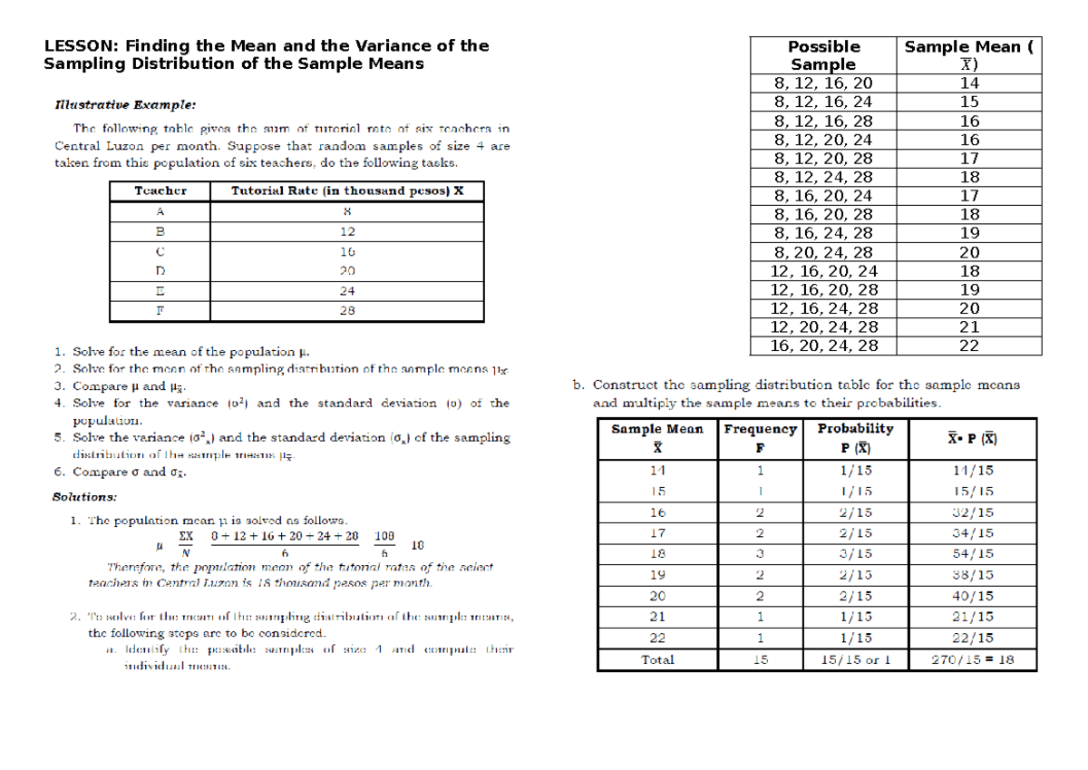 Learning Outcomes for Statistics and Probability: Sample Means Lesson ...