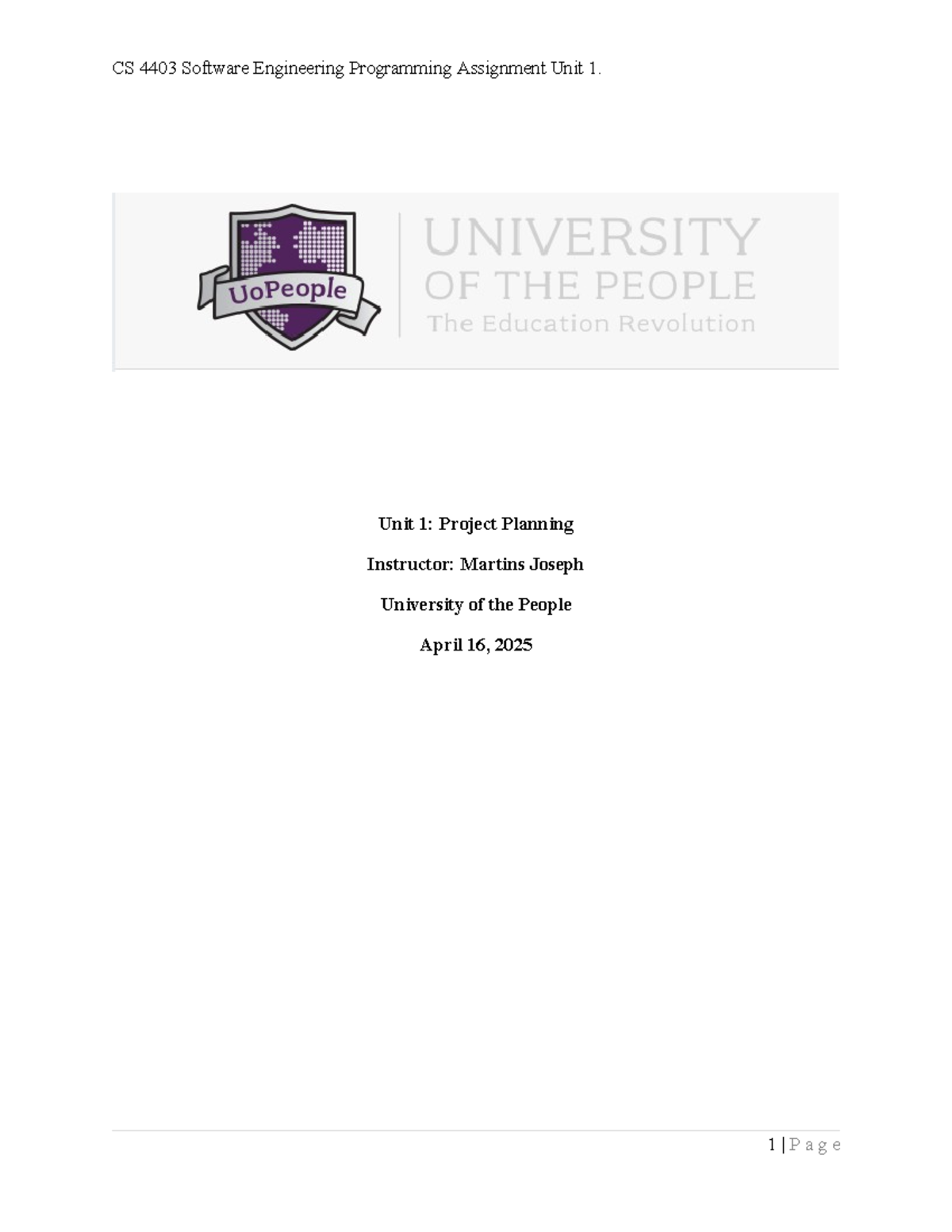 CS 4403 Software Engineering Programming Assignment 1: Project Planning ...