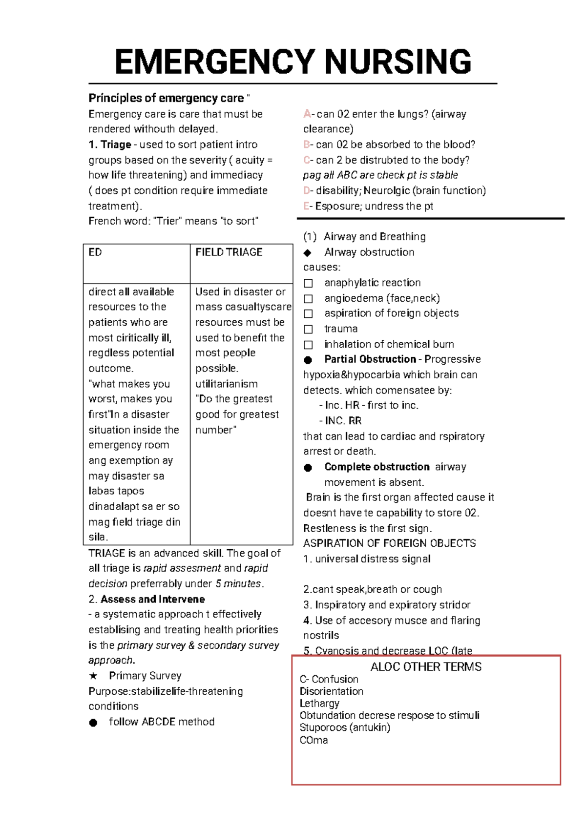 Emergency Nursing (NUR 101) - Principles of Emergency Care Summary ...