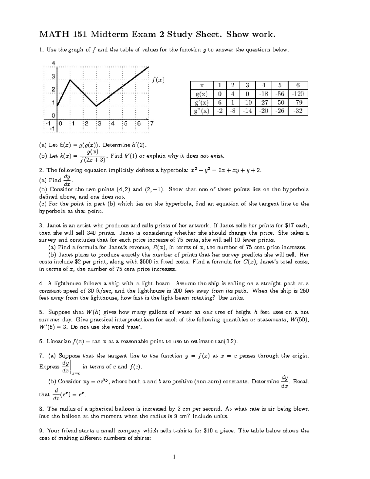 151review 2 - 151 assignment key - MATH 151 Midterm Exam 2 Study Sheet. Show work. 1. Use the ...