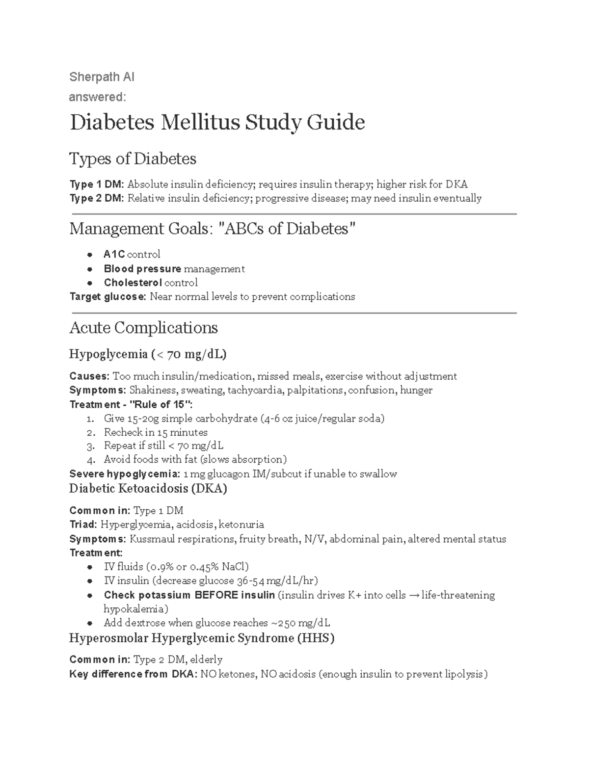 Diabetes Mellitus - Lecture Notes (DM 101) Study Guide - Studocu
