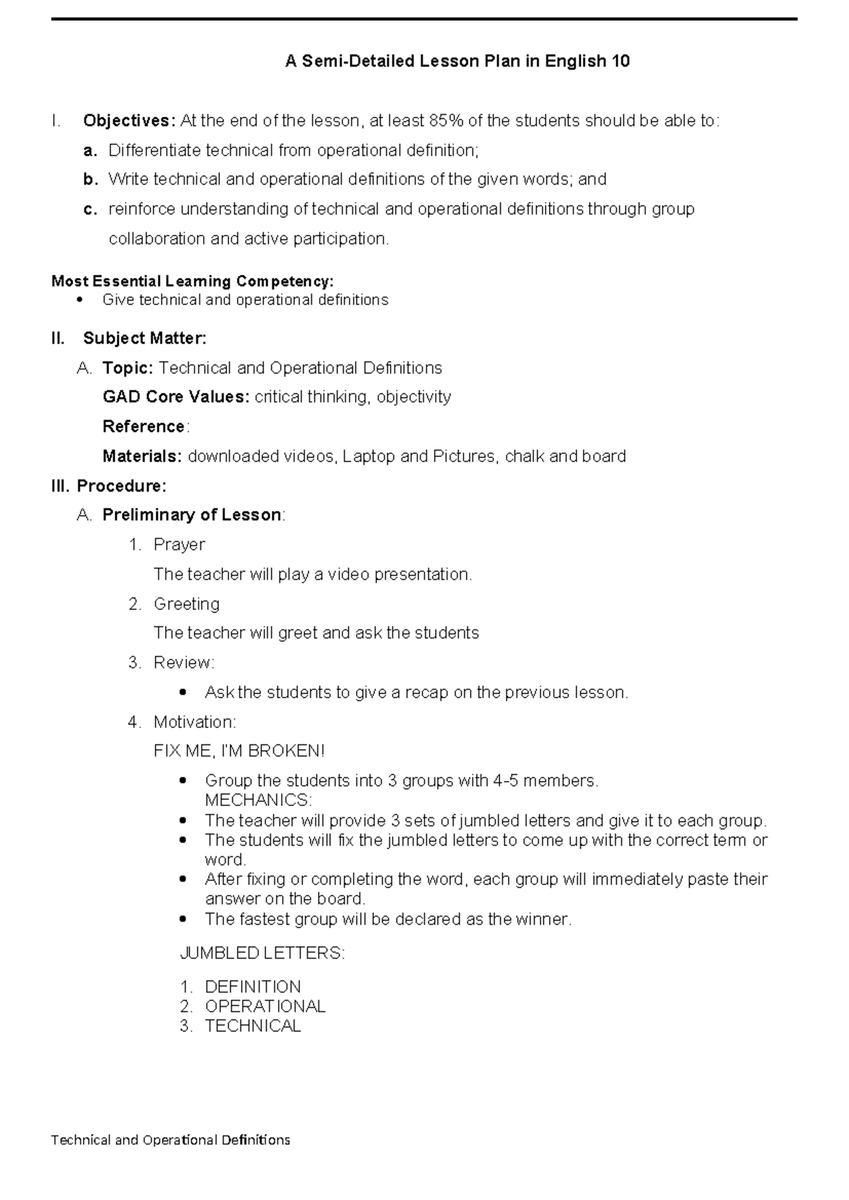 English 10 Lesson Plan: Technical vs. Operational Definitions - Studocu