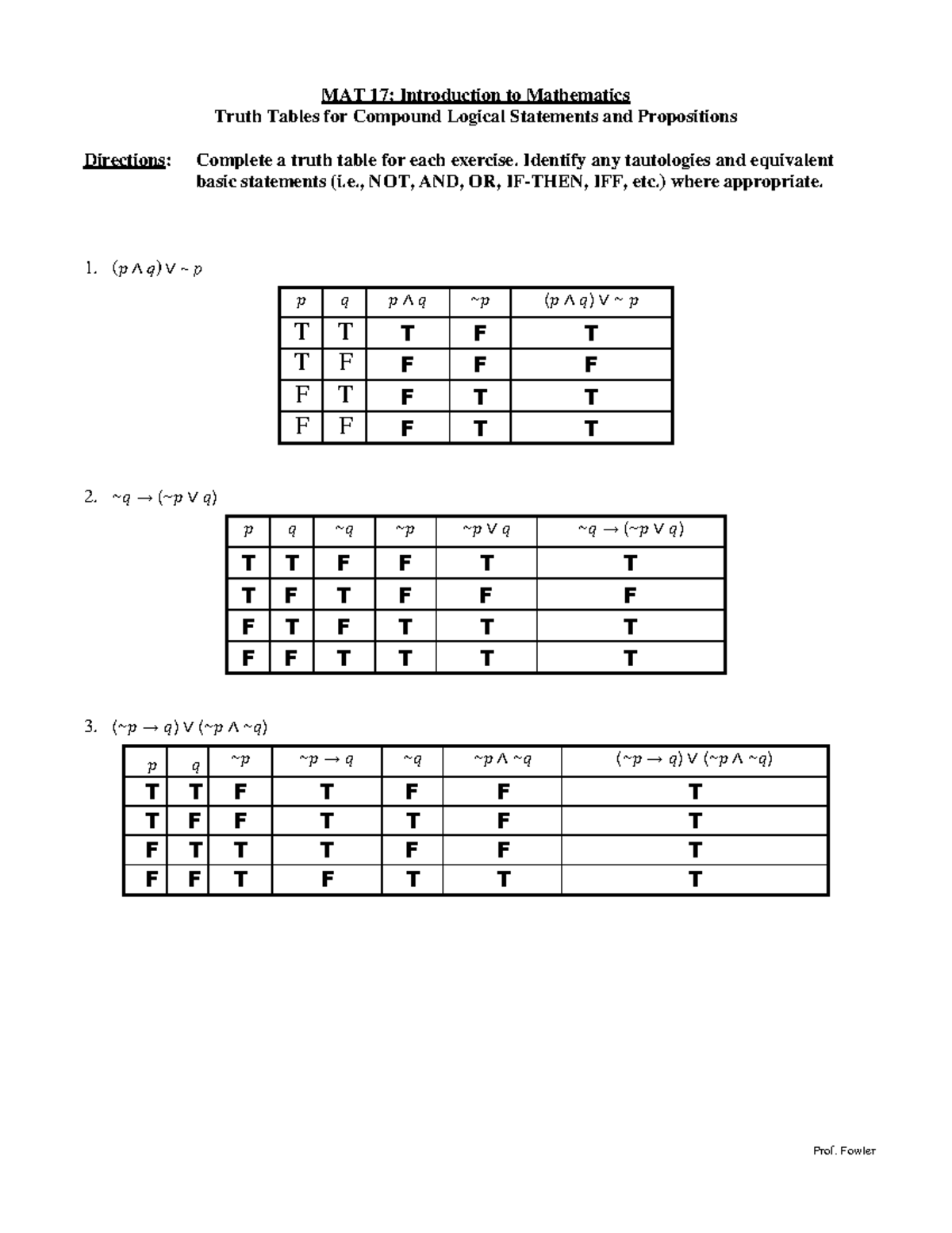 Truth Tables for Compound Logical Statements and Propositions - MAT 17 ...