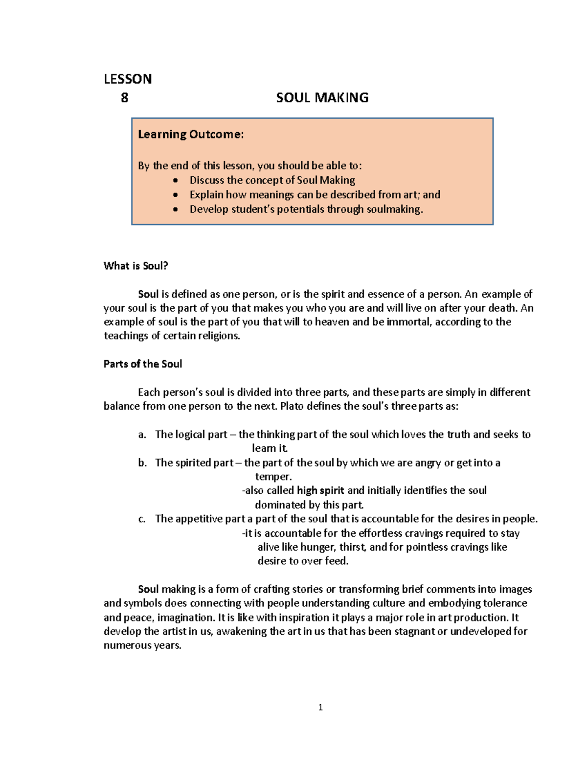 Lesson 8 -Art Appreciation Soul Making - LESSON 8 SOUL MAKING Learning ...