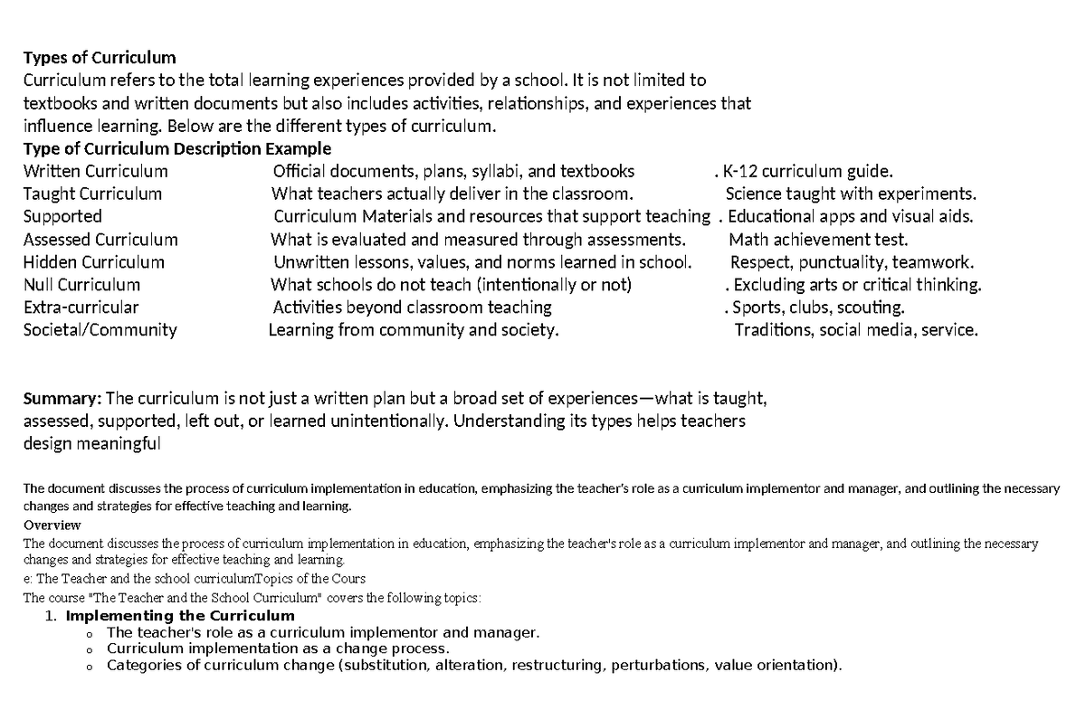 Types of Curriculum: Understanding Implementation and Stakeholders ...