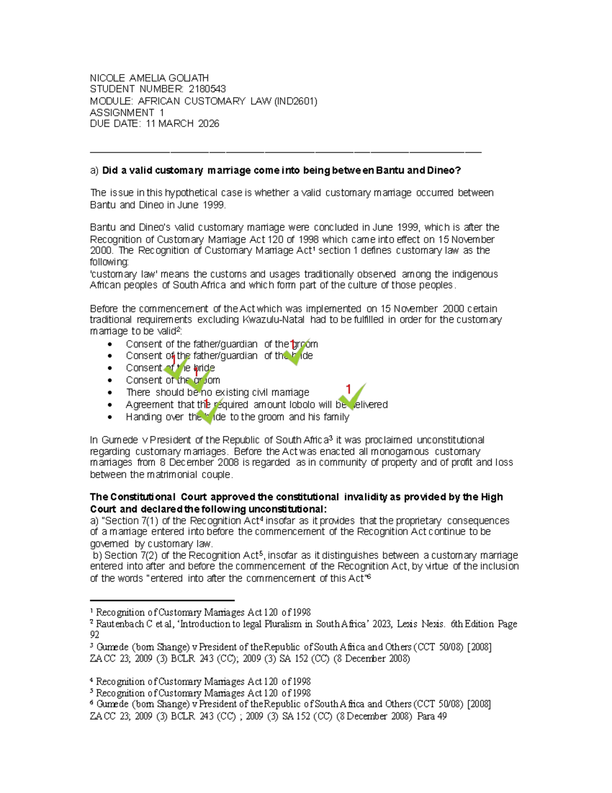 IND2601 African Customary Law Assignment 1: Validity of Customary ...